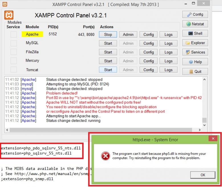 ลง Xampp Php V 55 ใช้ในการติดต่อฐานข้อมูล Sqlserver แล้วลง Driver เพิ่มแต่รัน Apache ขึ้น Error