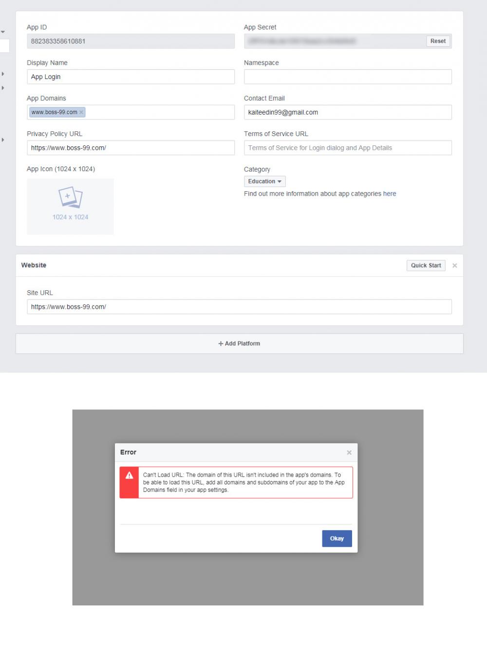 Login Facebook แล้วขึ้น ERROR Can Load URL: The domain of this URL isn included in the apps domains.